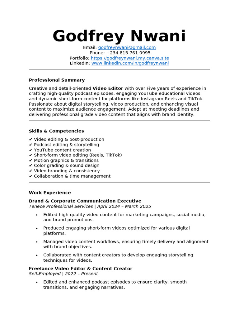Godfrey Nwani Video Editor Resume | PDF | Editing | Graphic Design