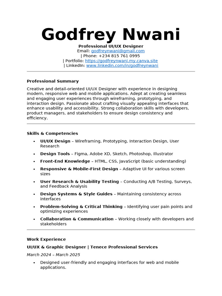 Godfrey Nwani - UI UX Designer Resume | PDF | User Interface | Usability