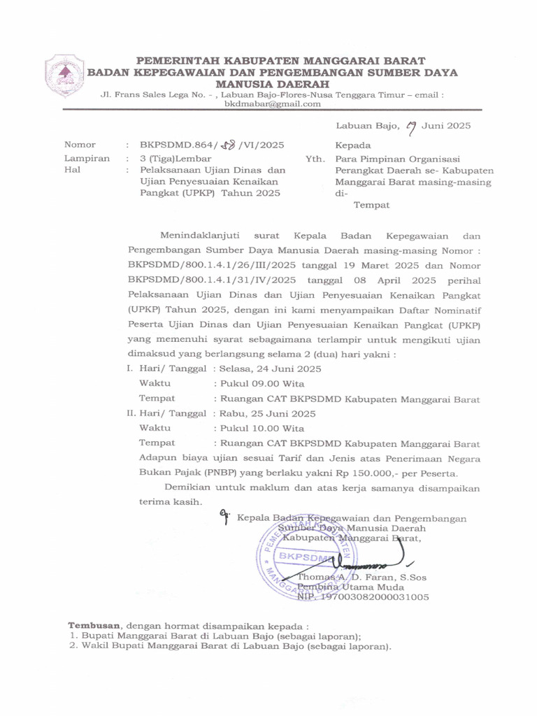 Jadwal Ujian Dinas-UPKP 2025 | PDF