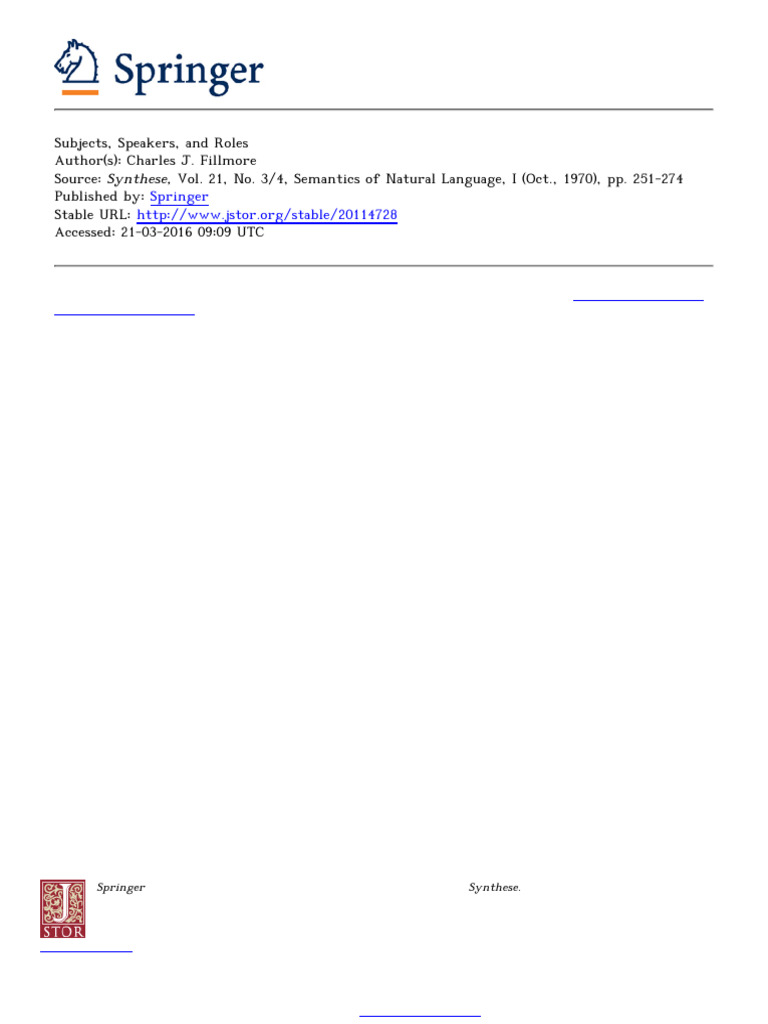 Semantics of Natural Language, I Subjects, Speakers, and Roles - Fiilmore | PDF | Subject ...