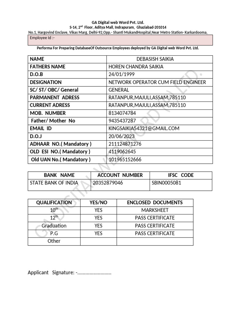 GA Digital Web Pvt. Ltd. Employee Form | PDF