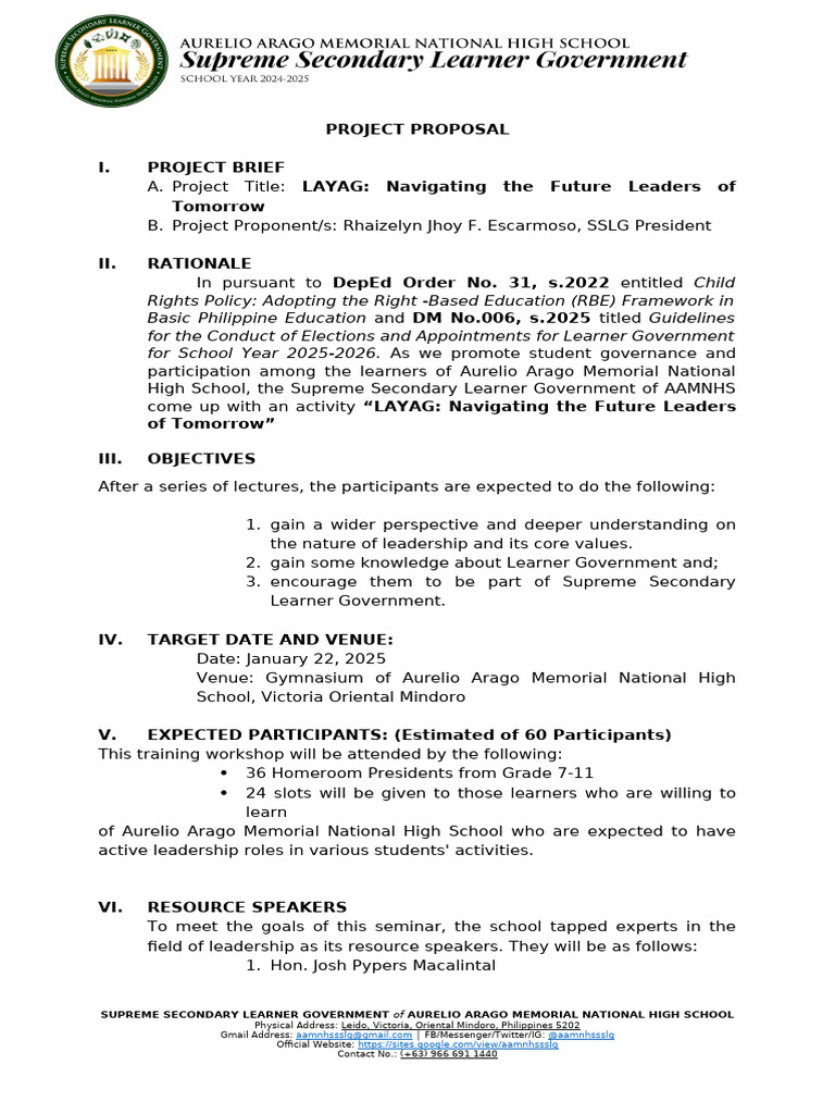 Project Proposal Layag Aamnhs SSLG | PDF
