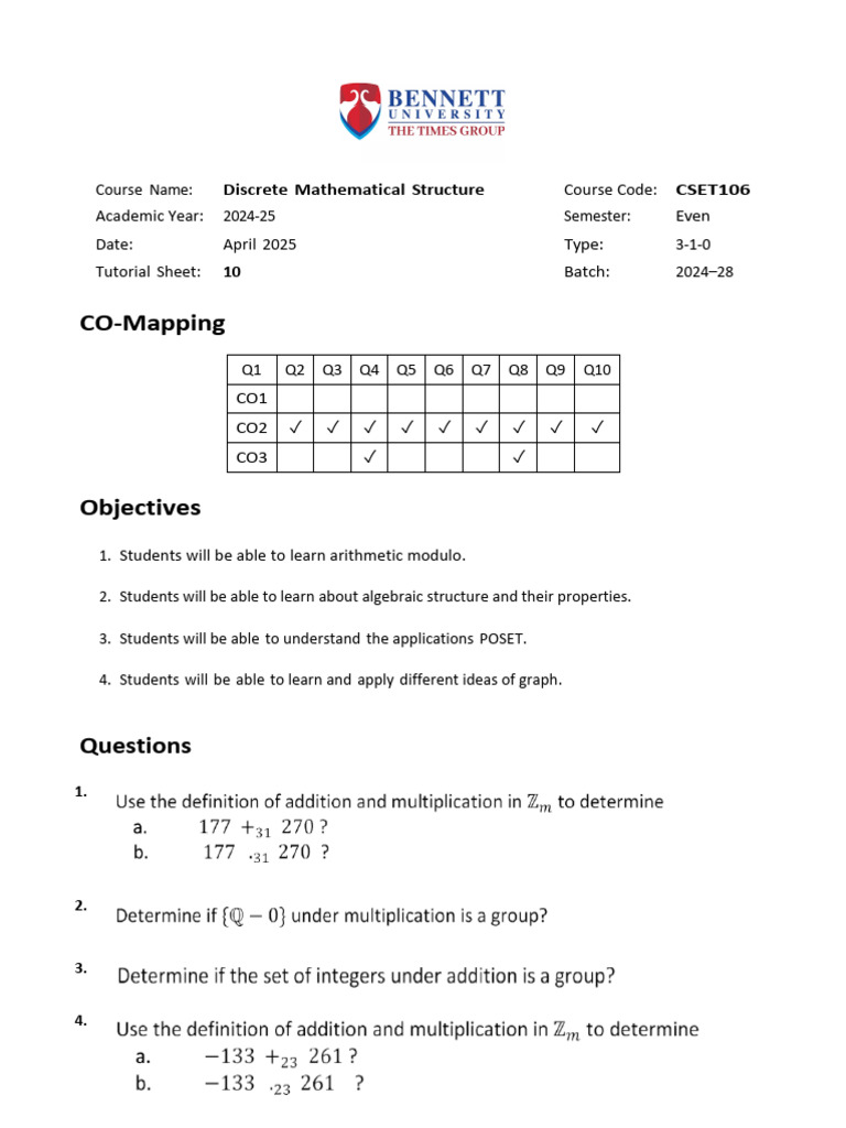 Discrete Math Tutorial Sheet CSET106 | PDF