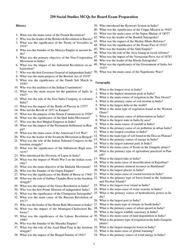250 Social Studies Mcqs For Board Exam Preparation: History | PDF ...