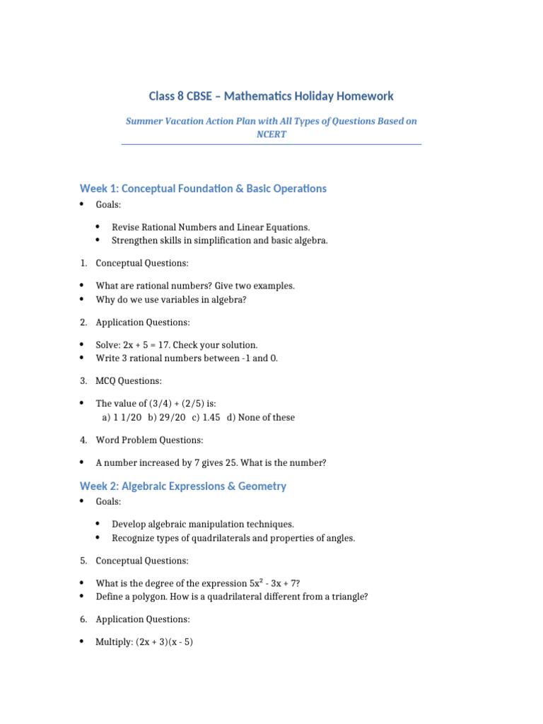 Class 8 CBSE Math Holiday Homework Action Plan | PDF | Area | Algebra