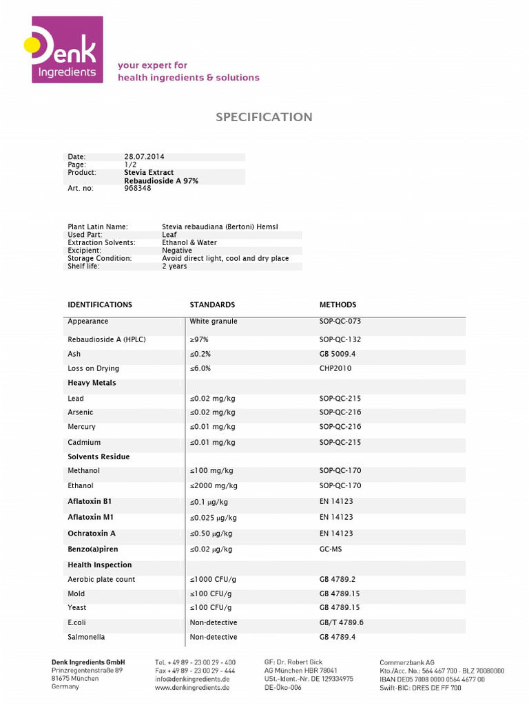 Denk Ingredients Specification Document | PDF | Chemical Substances