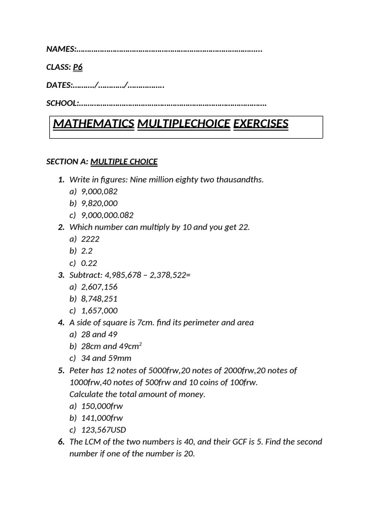 Mathematics Multiple Choice | PDF | Elementary Mathematics | Arithmetic