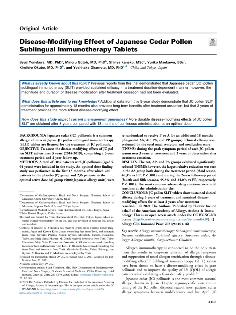 Disease Modifying Effect of Japanese Cedar Pollen | PDF | Diseases And ...