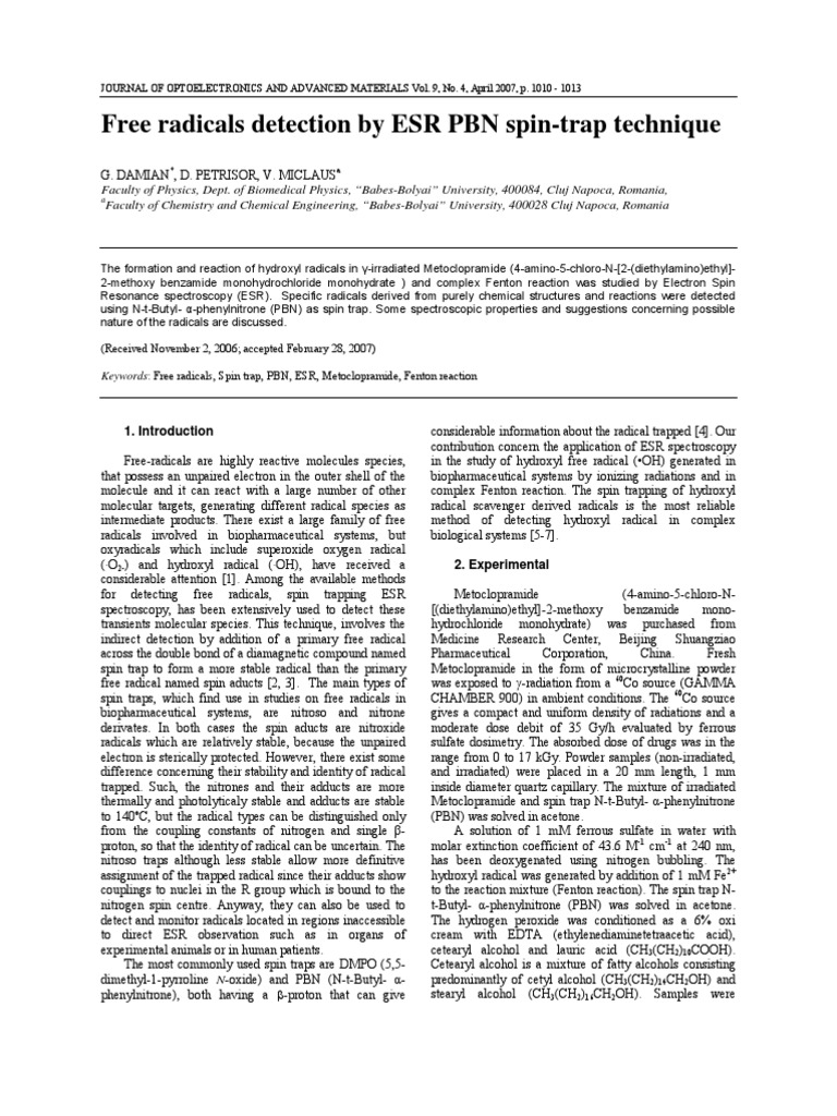 Free Radicals Detection by ESR PBN Spin-Trap Technique | PDF | Electron Paramagnetic Resonance ...