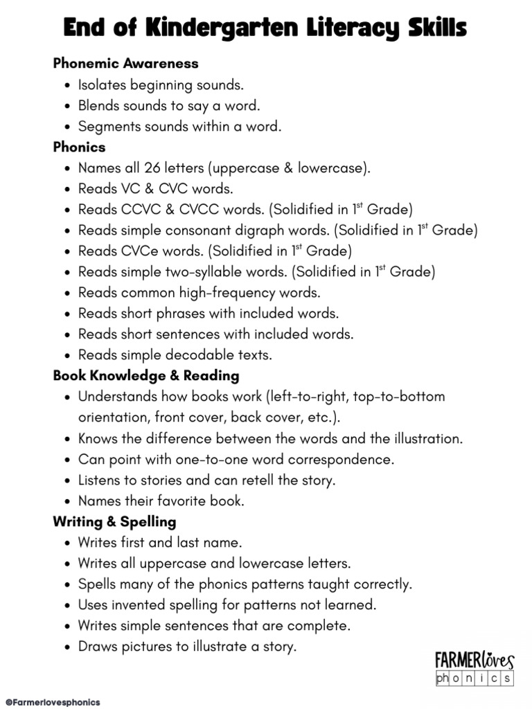 End of Kindergarten Literacy Skills: Phonemic Awareness | PDF | Phonics ...