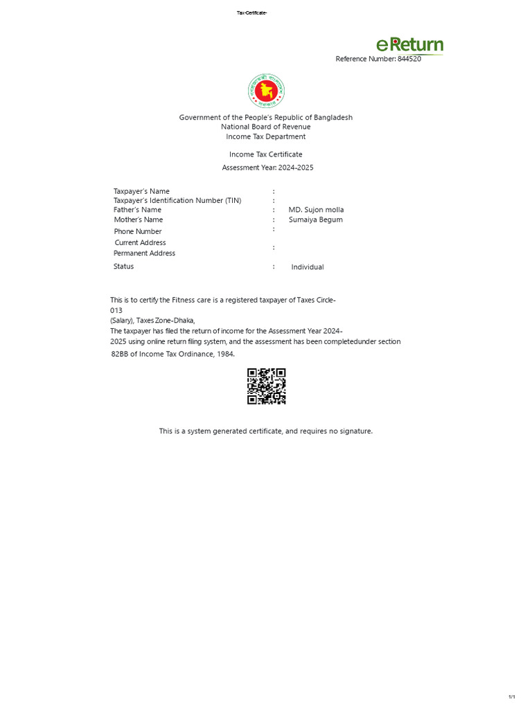 Income Tax Certificate for Fitness Care | PDF