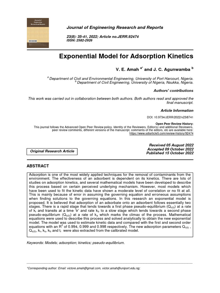 Exponential Model For Adsorption Kinetic | PDF | Adsorption | Diffusion