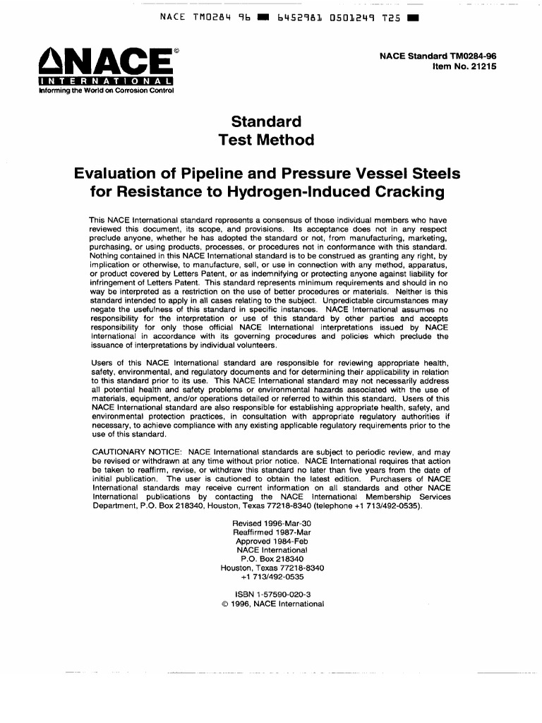 NACE - TM0284 - 1996 HIC Resistance Measurement | PDF