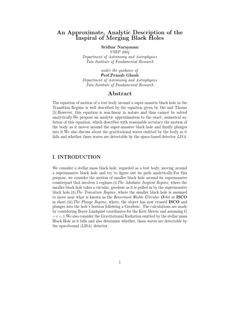 An Approximate, Analytic Description of The Inspiral of Merging Black ...
