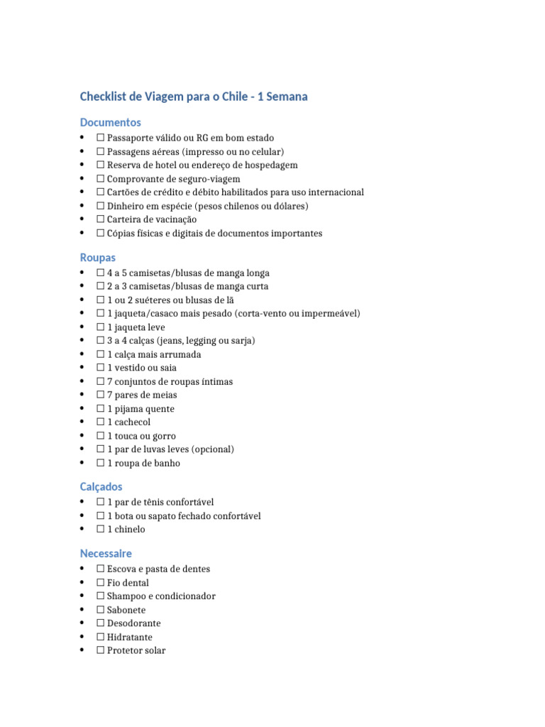 Checklist de Viagem para o Chile em 1 Semana | PDF