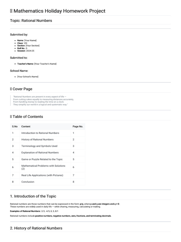 Class 8 Rational Numbers Project | PDF | Numbers | Rational Number