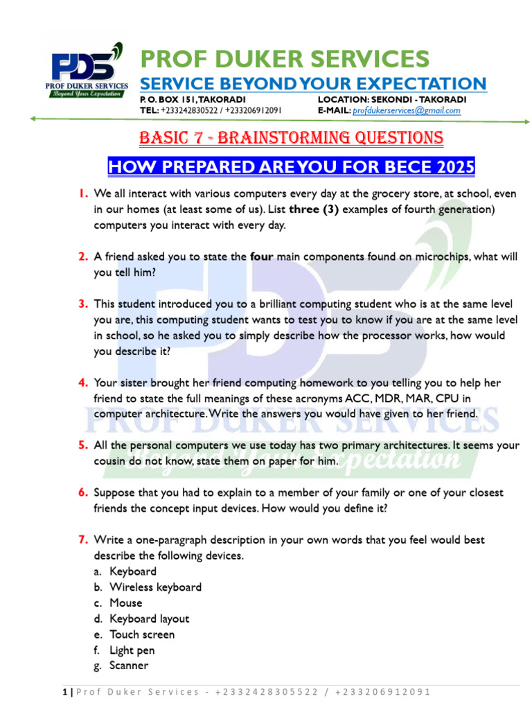 Computing Brainstorming Questions - For Basic 7 - Prof Duker | PDF | Computer File | Microsoft Excel