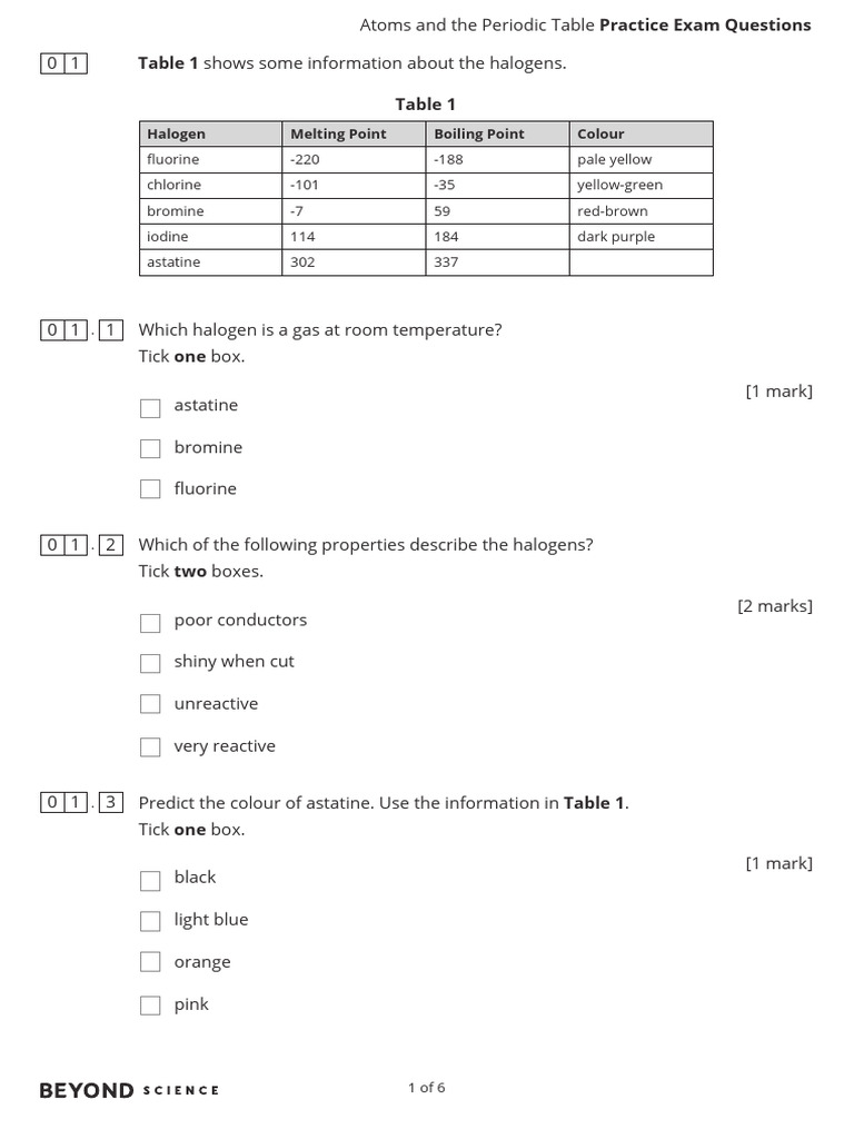Halogens and Periodic Table Exam Guide | PDF | Chemical Substances | Iodine