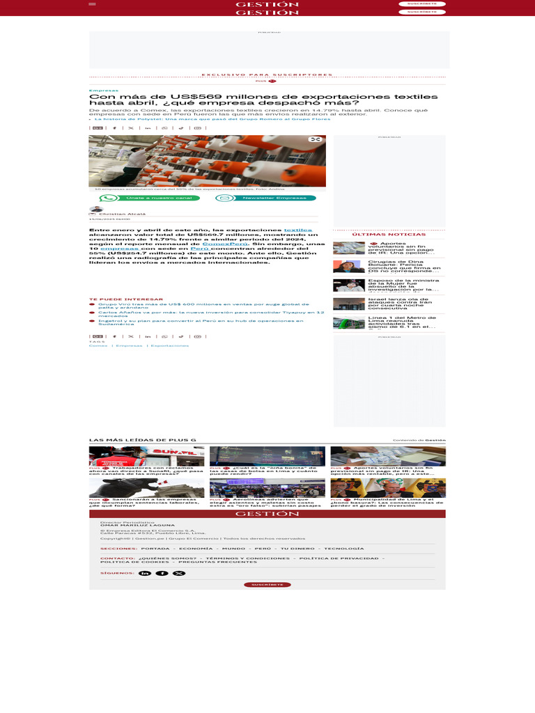 Con Más de US$569 Millones de Exportaciones Textiles Hasta Abril, ¿Qué Empresa Despachó Más ...
