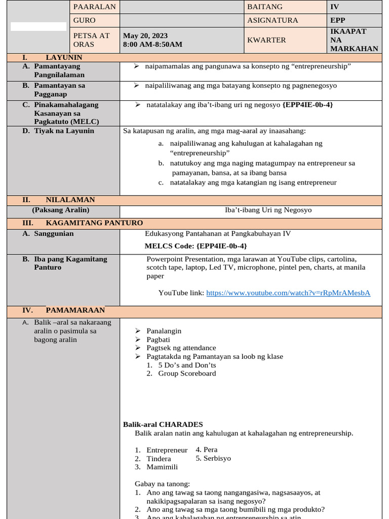Lesson Plan Sample EPP | PDF