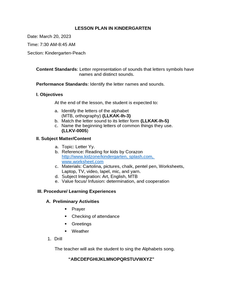 Sample Lesson-Plan-In-Kindergarten | PDF | Lesson Plan | Human ...