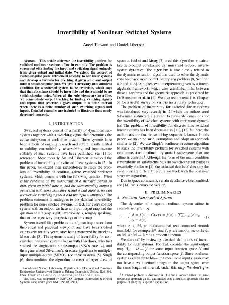 A. Tanwani and D Liberzon Invertibility of Switched Nonlinear Systems | PDF | Function ...