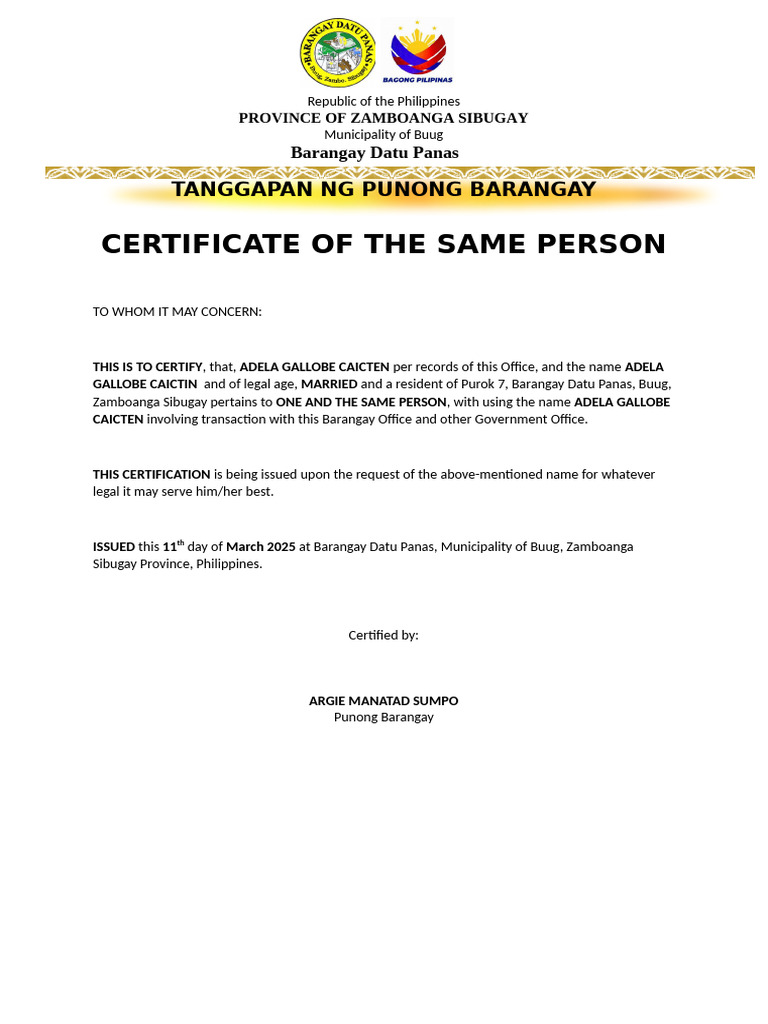 Certification of Same Person in Buug | PDF | Honorifics | Ancient Asia