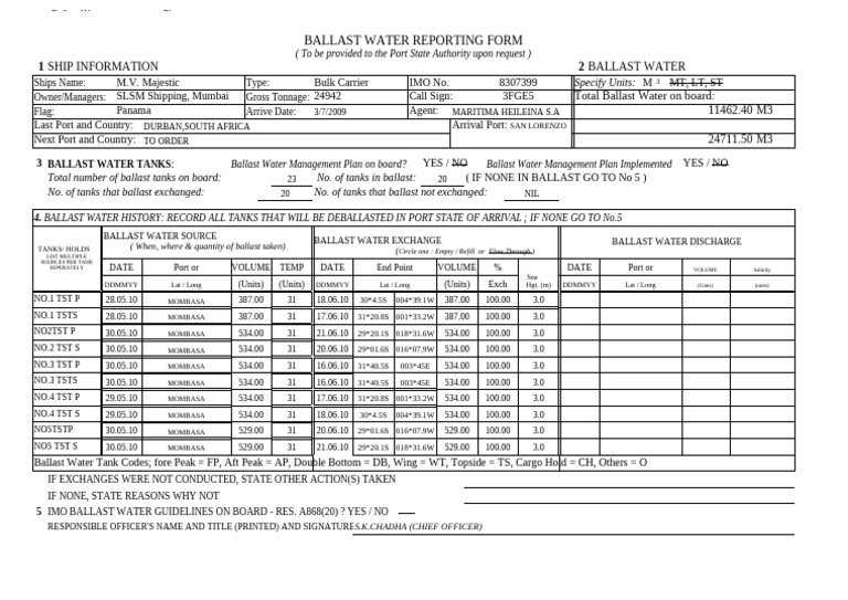 MAJ, Ballast Exchange Form. TST | PDF | Freight Transport | Ships