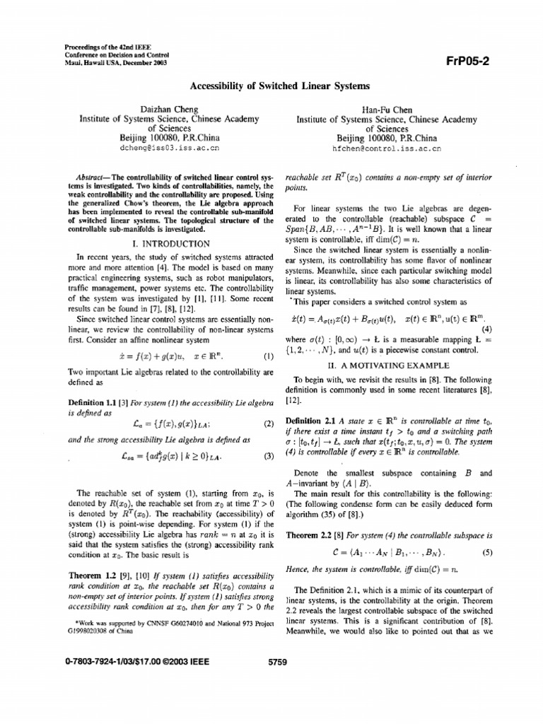 D. Cheng Accessibility of Switched Linear Systems | PDF | Lie Algebra ...