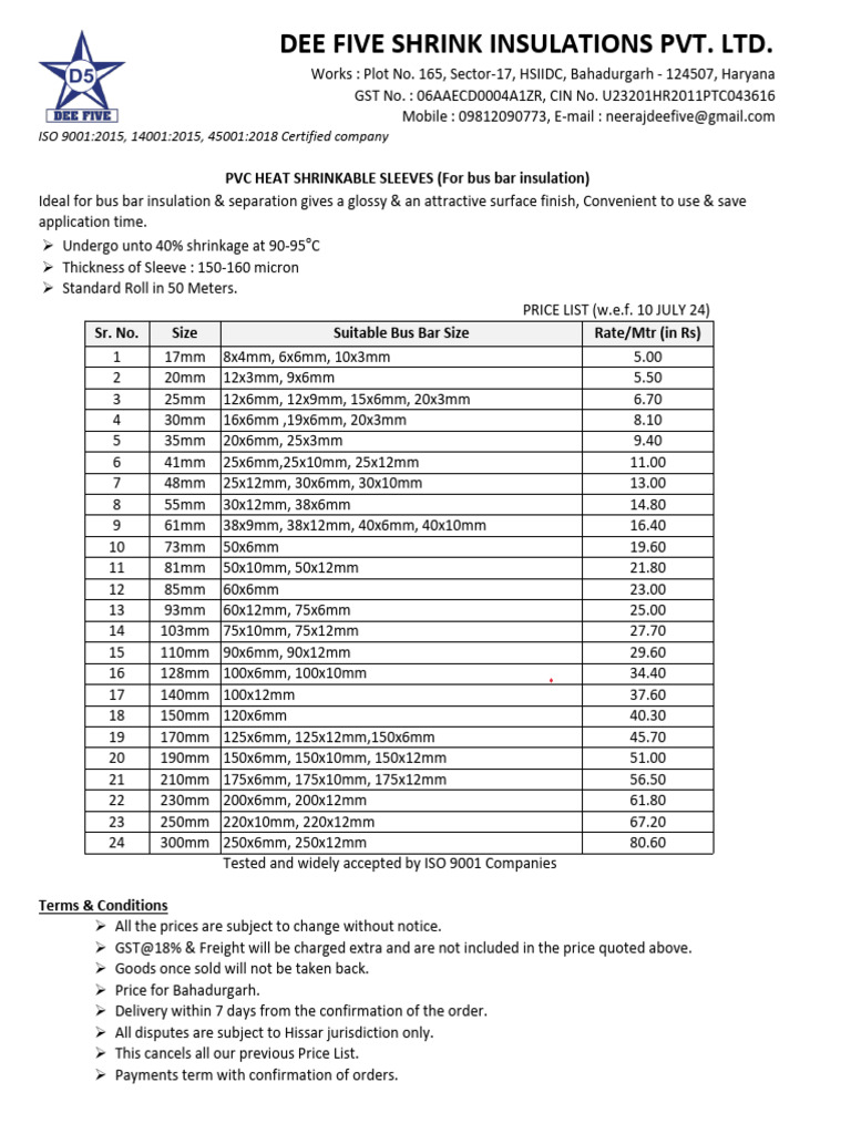 Bus Bar Price List and Specifications | PDF