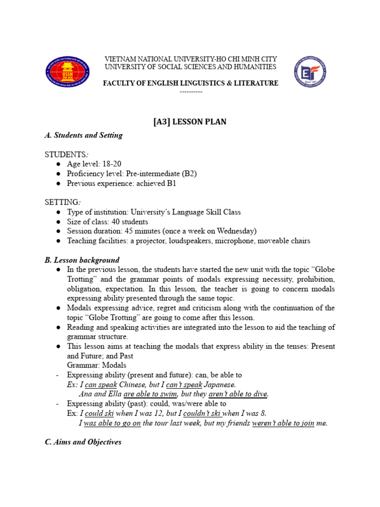 Internship Lesson Plan: Modals of Ability | PDF | Linguistics | Learning