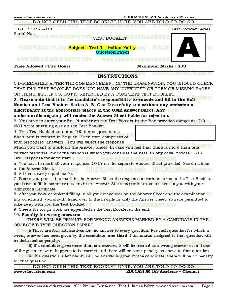Test - 1 Political Test Results in India in The World of India and ...