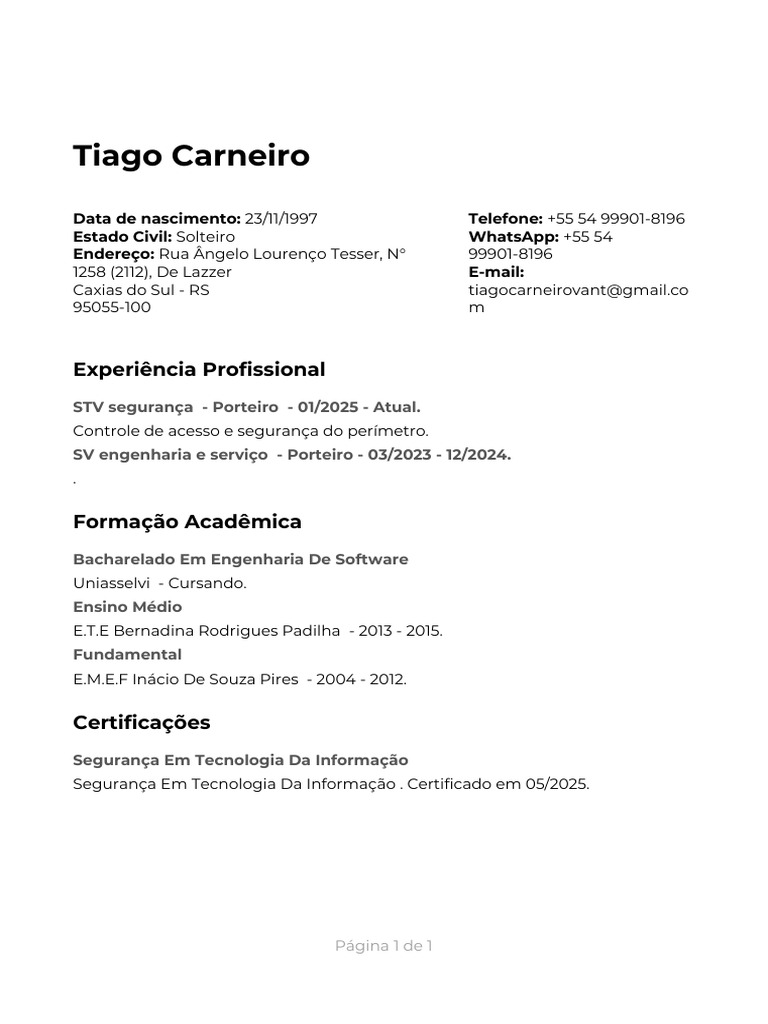 Currículo de Tiago Carneiro - Porteiro e Estudante | PDF