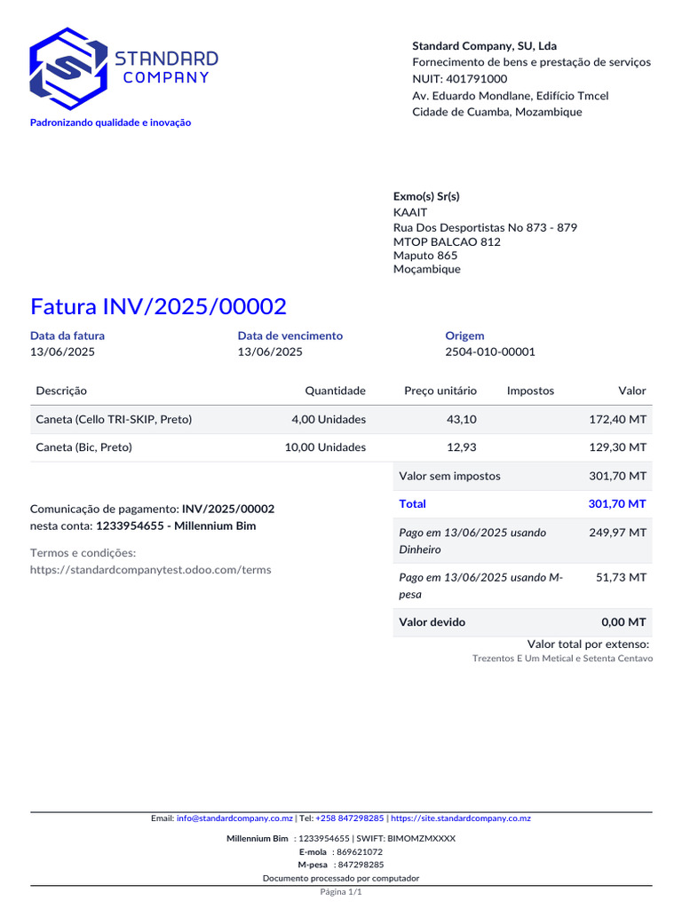 Fatura INV/2025/00002 - Standard Company | PDF