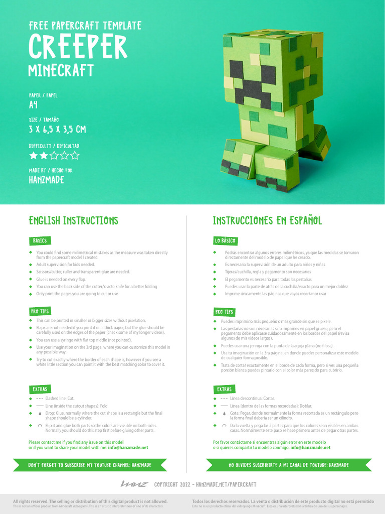 Free Papercraft Template Creeper Minecraft by Hanzmade FA | PDF