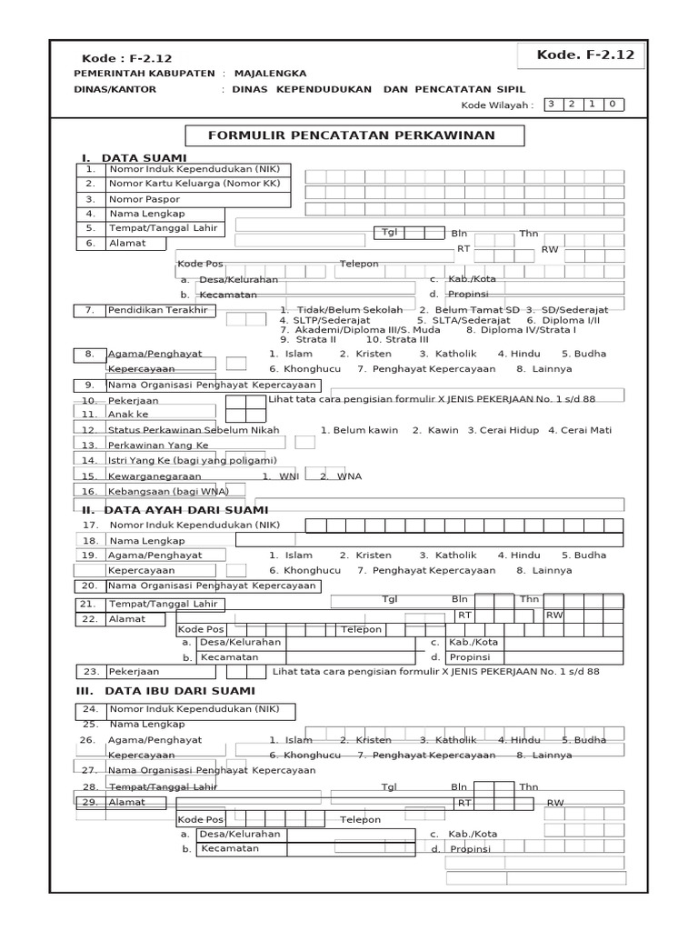 F-2 12 Formulir Pencatatan Perkawinan | PDF