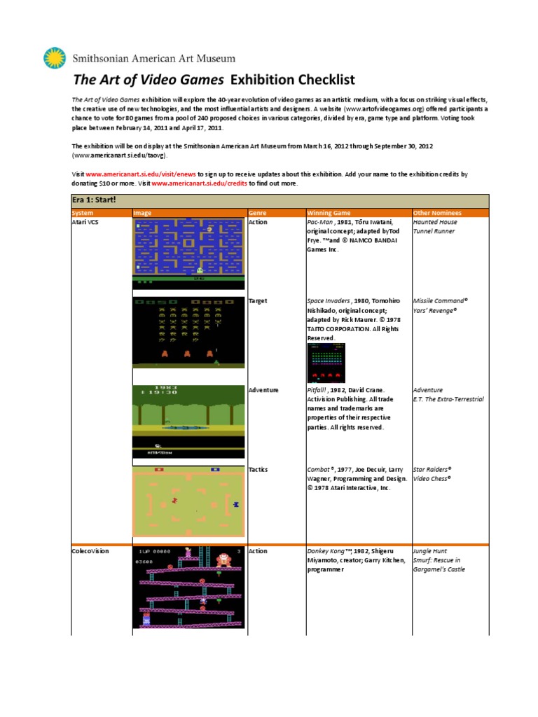 The Art of Video Games Exhibition Checklist: Era 1: Start! | PDF ...