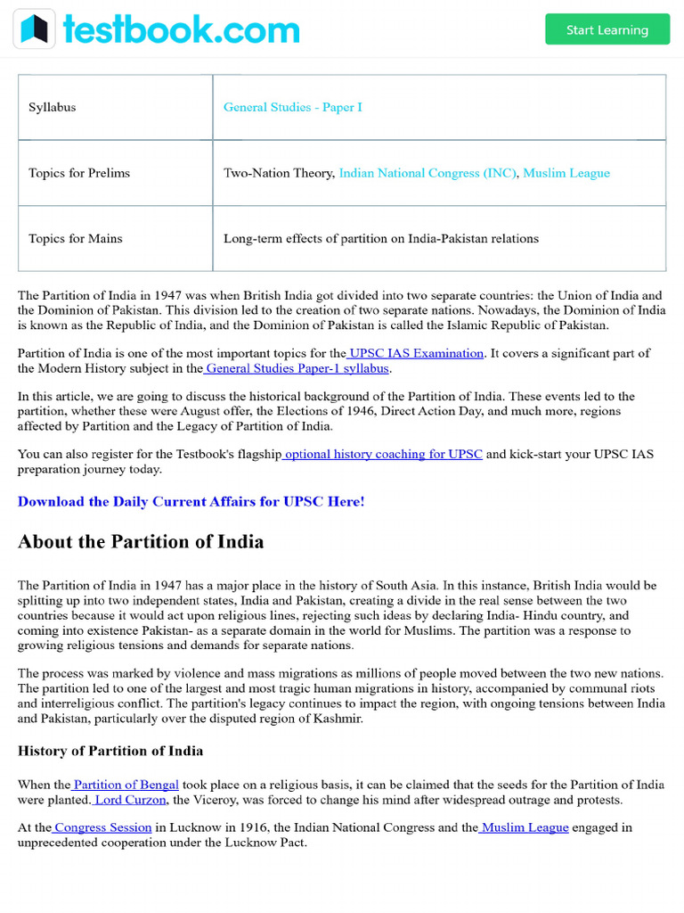 Partition of India Notes For UPSC - History, Theory, Impact & Legacy | PDF