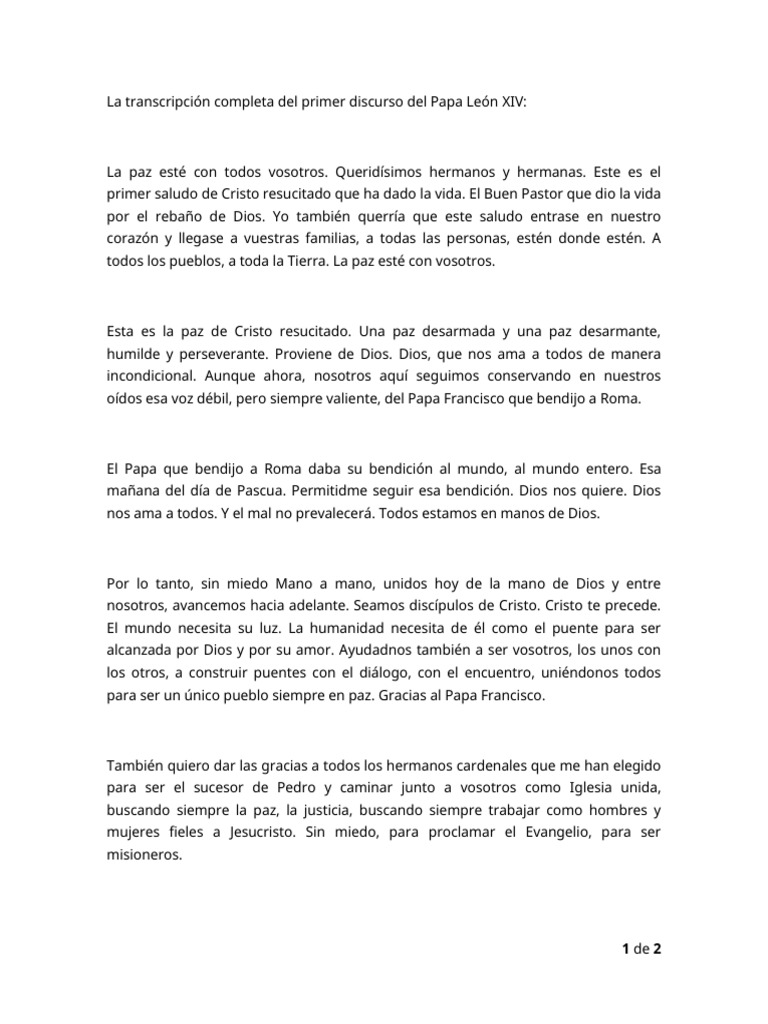 La Transcripción Completa Del Primer Discurso Del Papa León XIV | PDF | Iglesia Católica ...