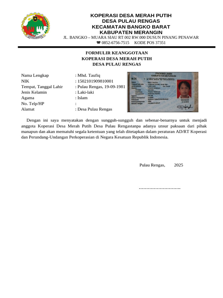 Formulir Kdmp Pulau Rengas | PDF