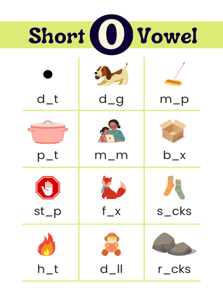 Short O Vowel Early Literacy English Worksheet in Illustrative Style | PDF