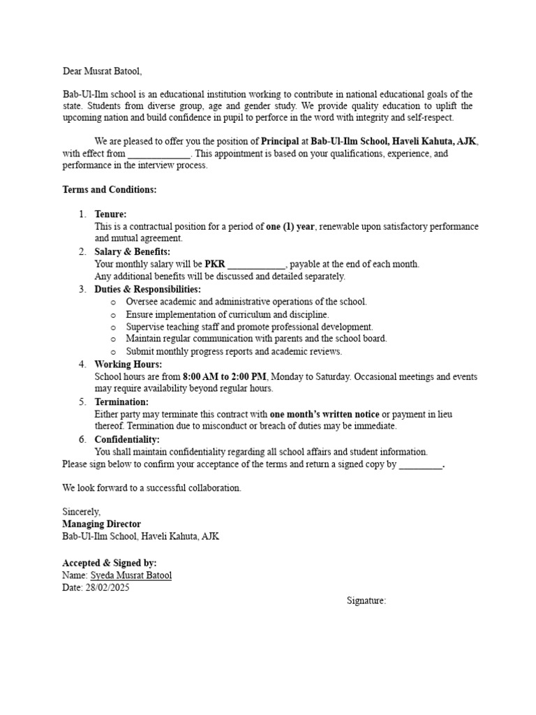 Principal Appointment at Bab-Ul-Ilm School | PDF