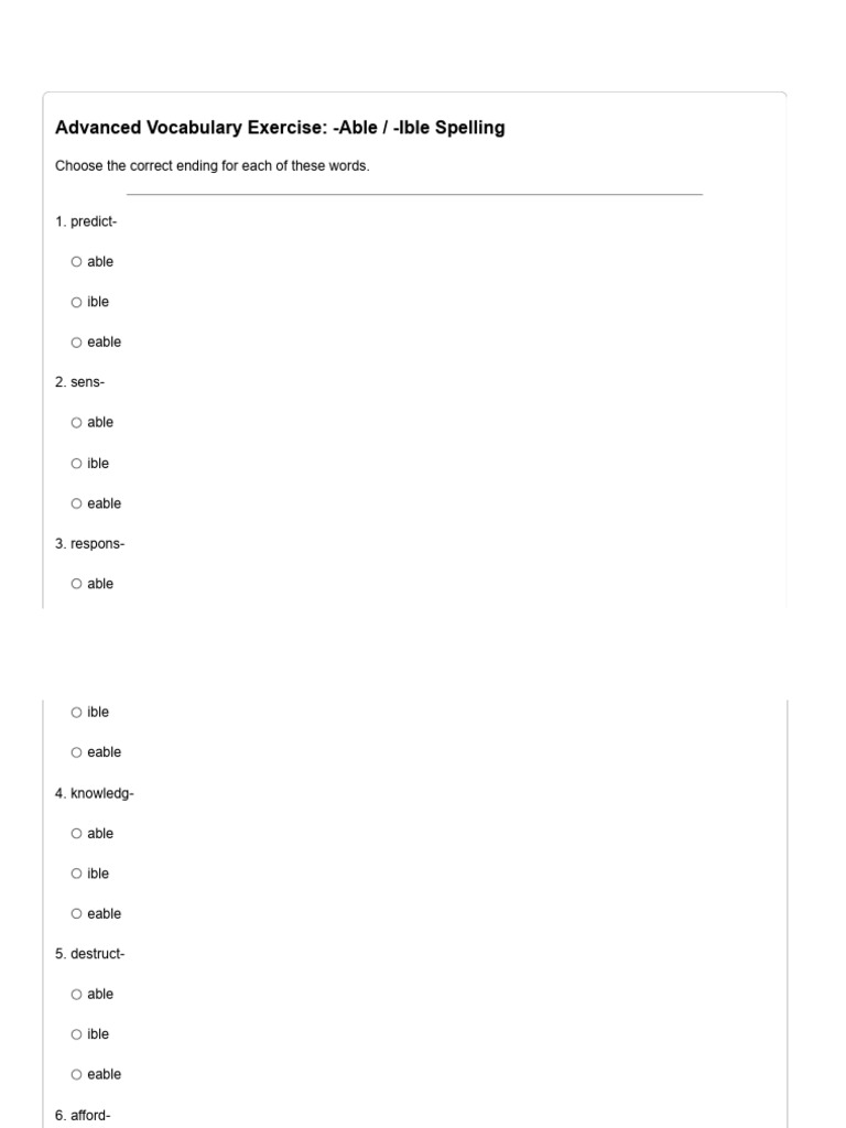 Advanced Vocabulary - Able - Ible Spelling Exercise | PDF