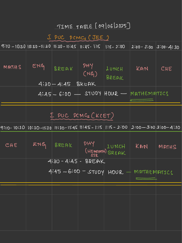 PCMB (Jee&Kcet) Time Table | PDF