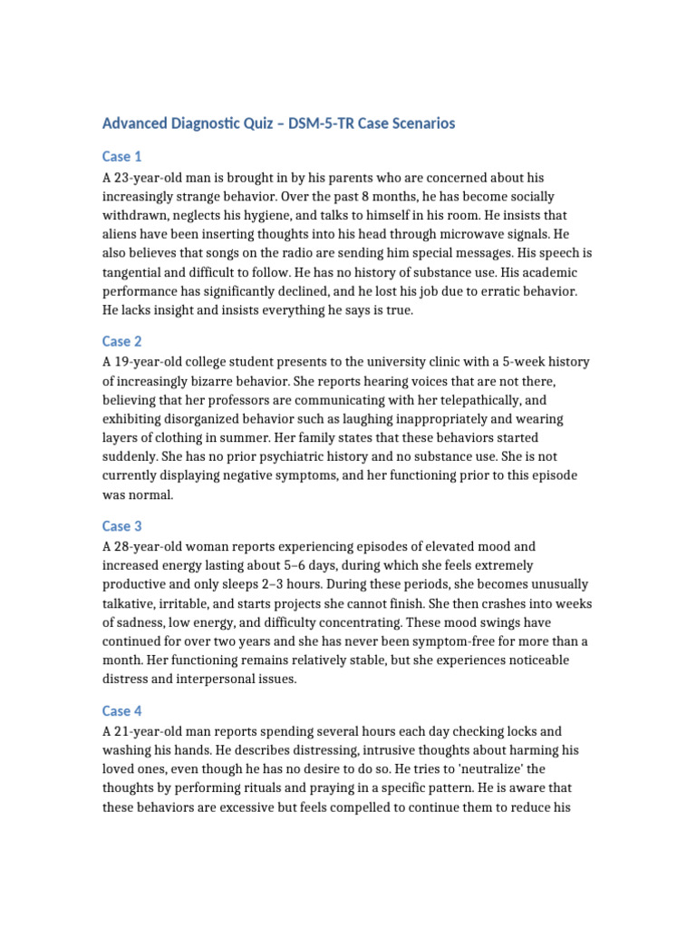 DSM-5-TR Diagnostic Quiz Scenarios | PDF | Psychology | Emotions