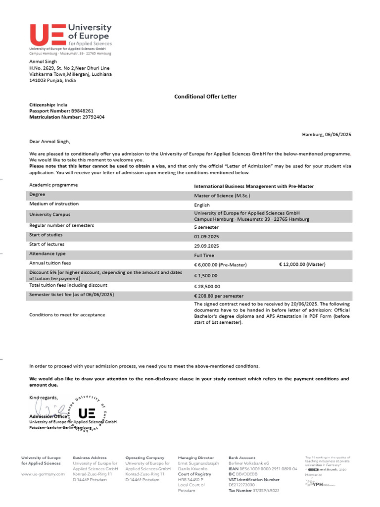 Conditional Offer Letter & Study Contract With Pre-Master - 29792404 ...