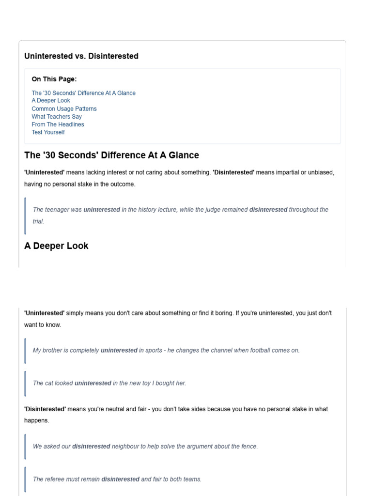 Uninterested vs. Disinterested - Learn The Difference in 30 Seconds! | PDF