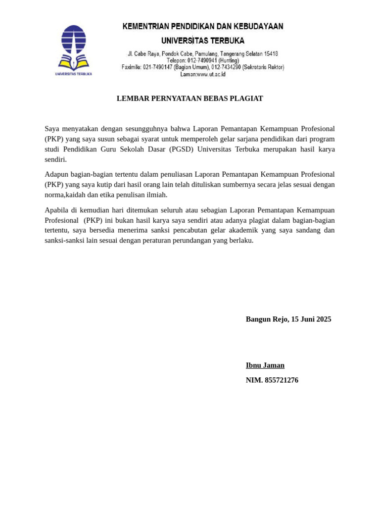 LEMBAR PERNYATAAN BEBAS PLAGIAT Ibnu | PDF