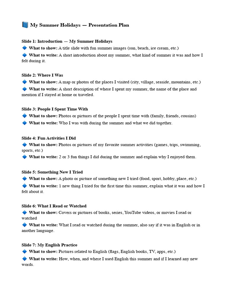 ? My Summer Holidays - Presentation Plan | PDF | English Language ...