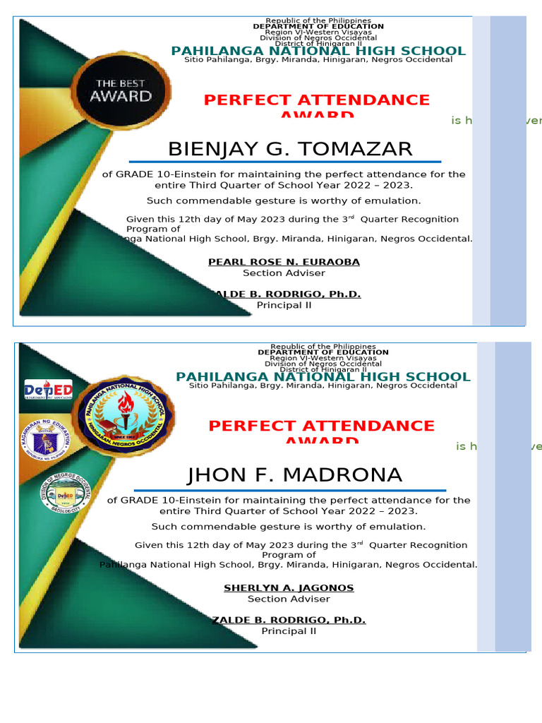 Perfect Attendance Award 2023 | PDF